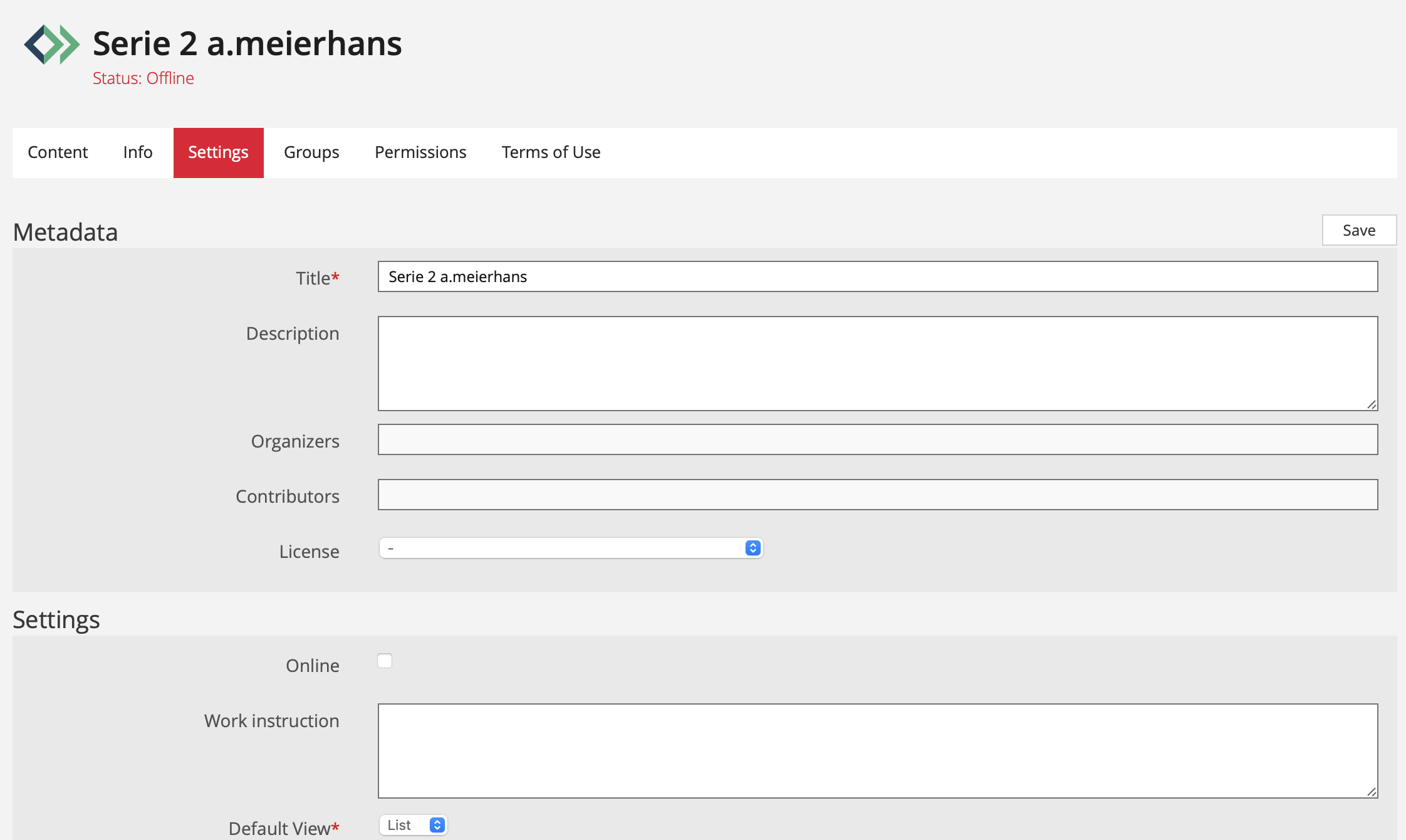 Error, when saving settings of a series which was created in Opencast without metadata in the ...