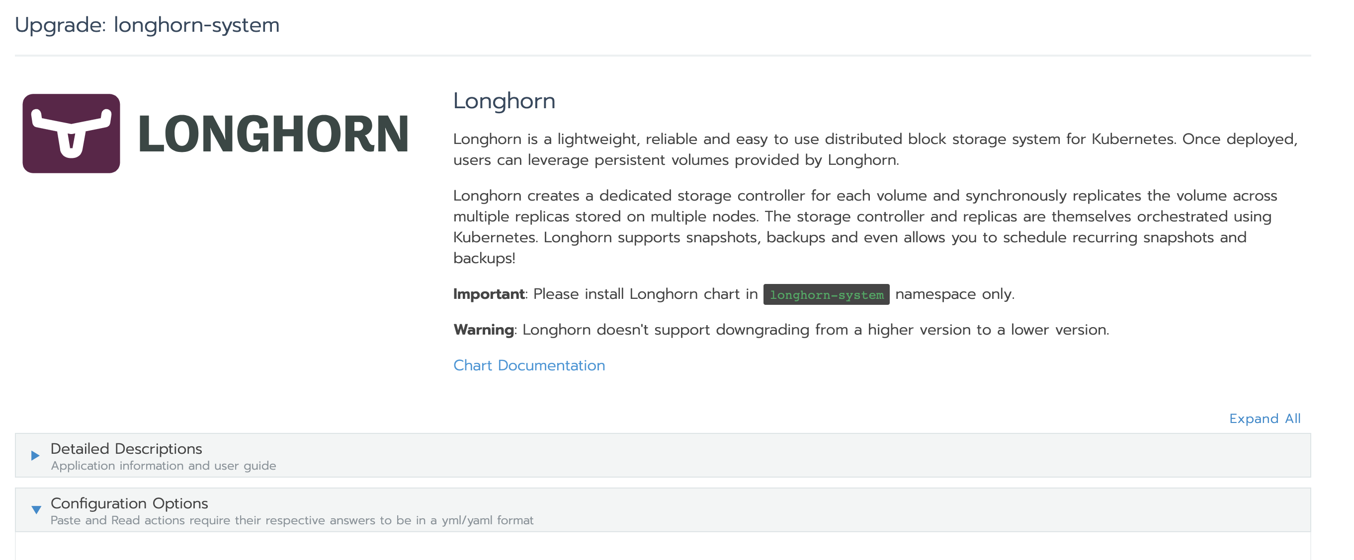 [BUG] Update README in Longhorn Rancher chart to warn users against the downgrade · Issue #1454 ...