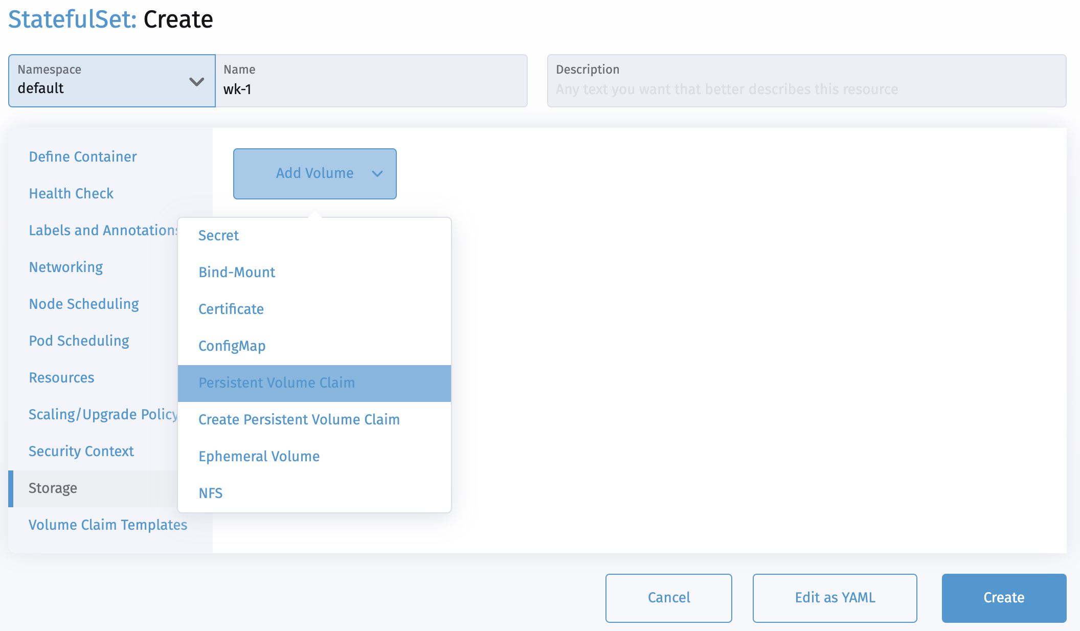 Toggling to 'Use an existing persistent volume' option is not working on the 'Create Persistent ...