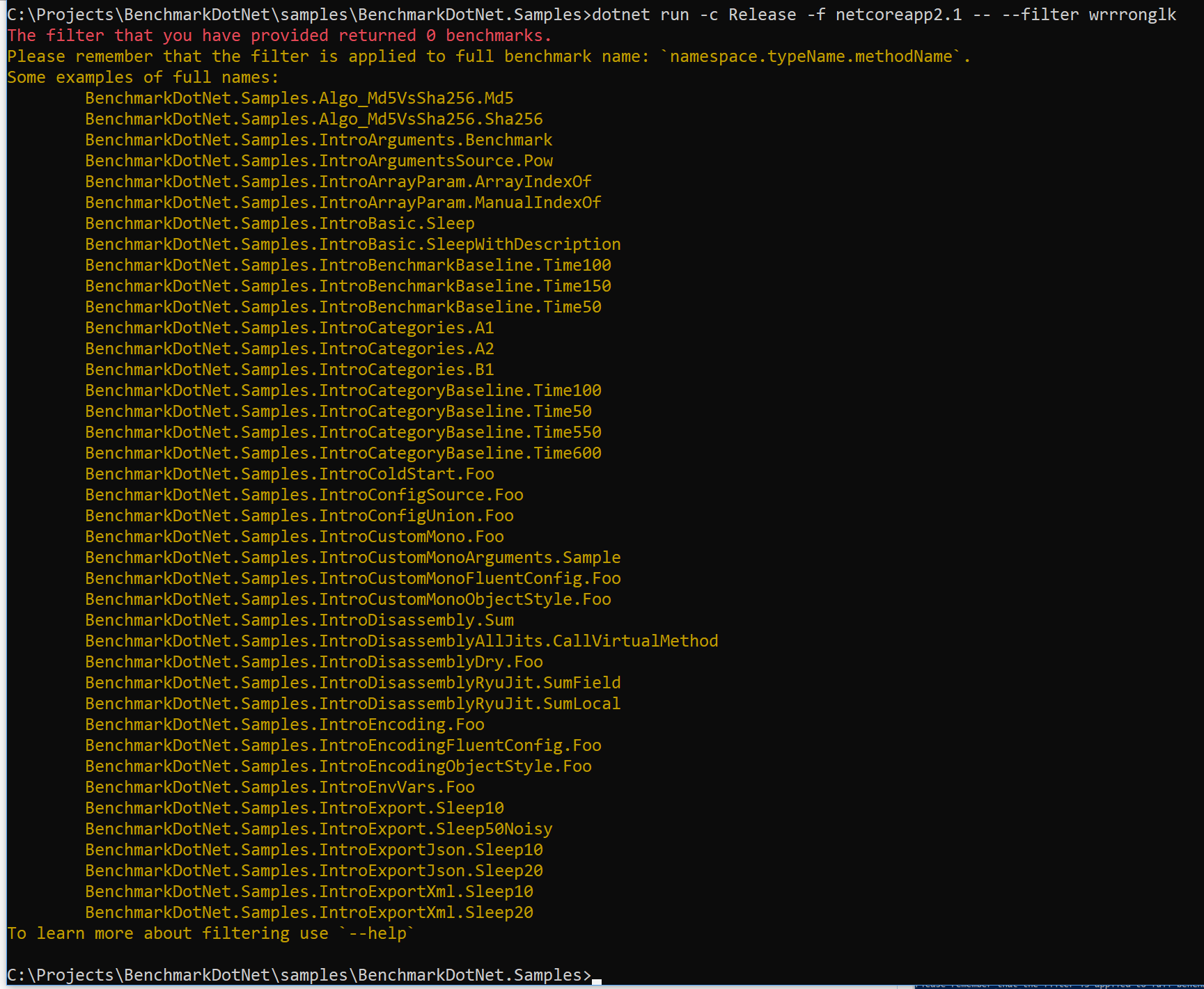 Error message for wrong command line filter · Issue #829 · dotnet/BenchmarkDotNet · GitHub