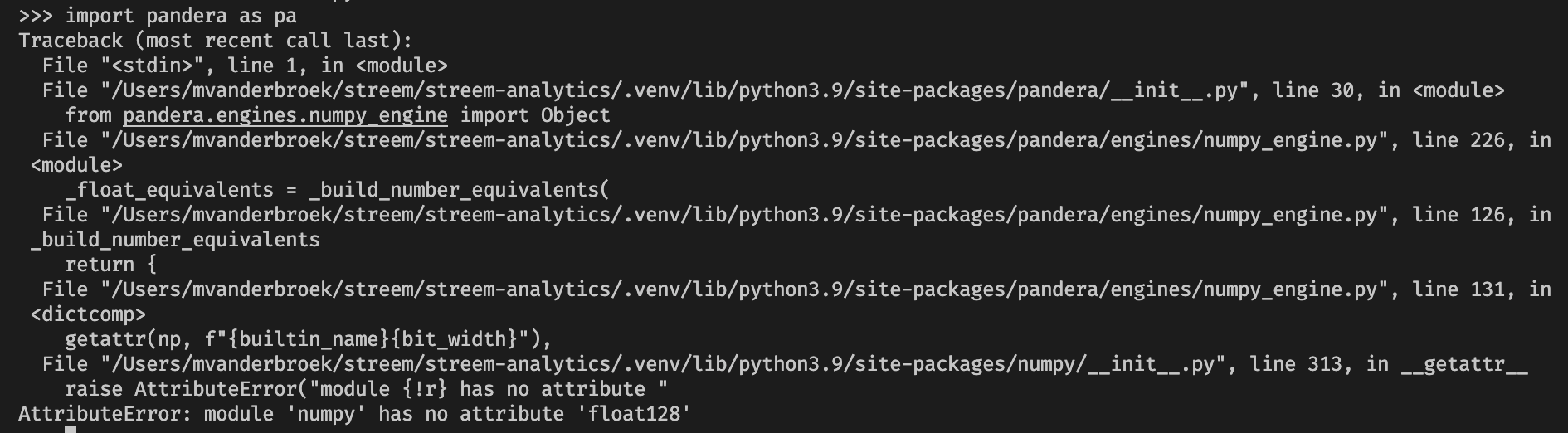 Cannot import Pandera due to missing np.float128 · Issue #623 · unionai-oss/pandera · GitHub