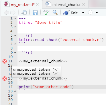 The RMarkdown editor shows an error for a valid knitr instruction ...