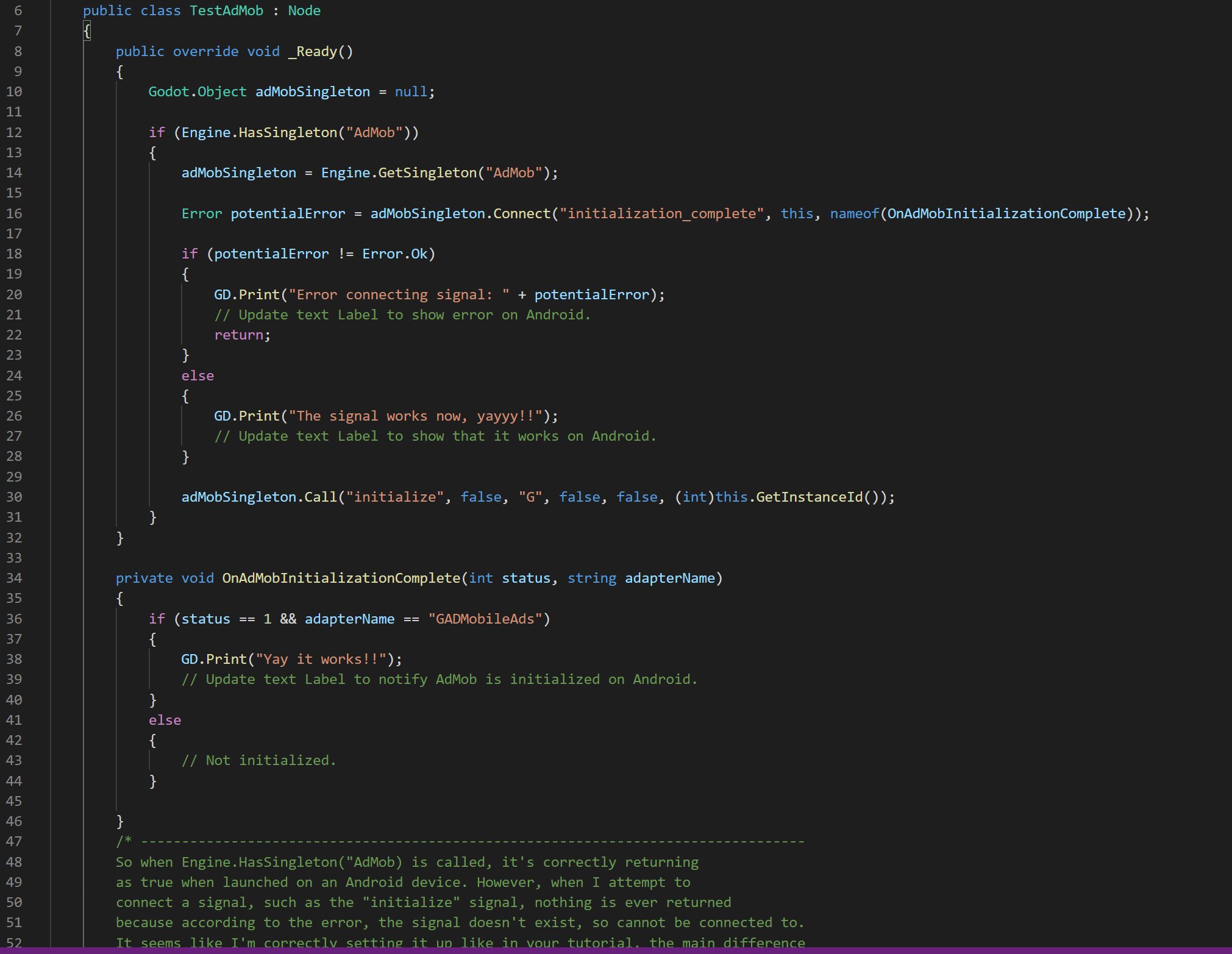 [BUG] Unable to Connect to Signals Using C# Script When Accessing AdMob Singleton · Issue #93 ...