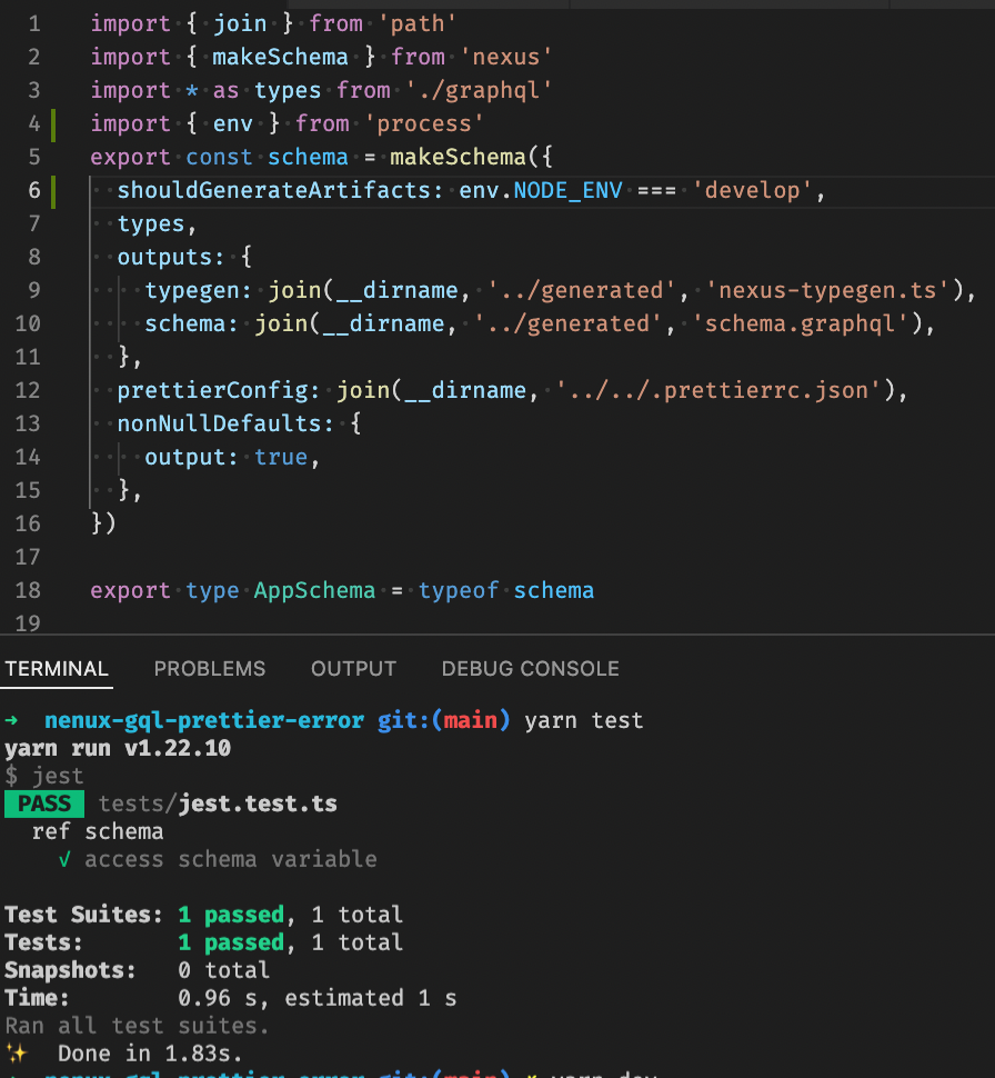 Prettier error occurred when use schema in jest · Issue #1052 · graphql-nexus/nexus · GitHub