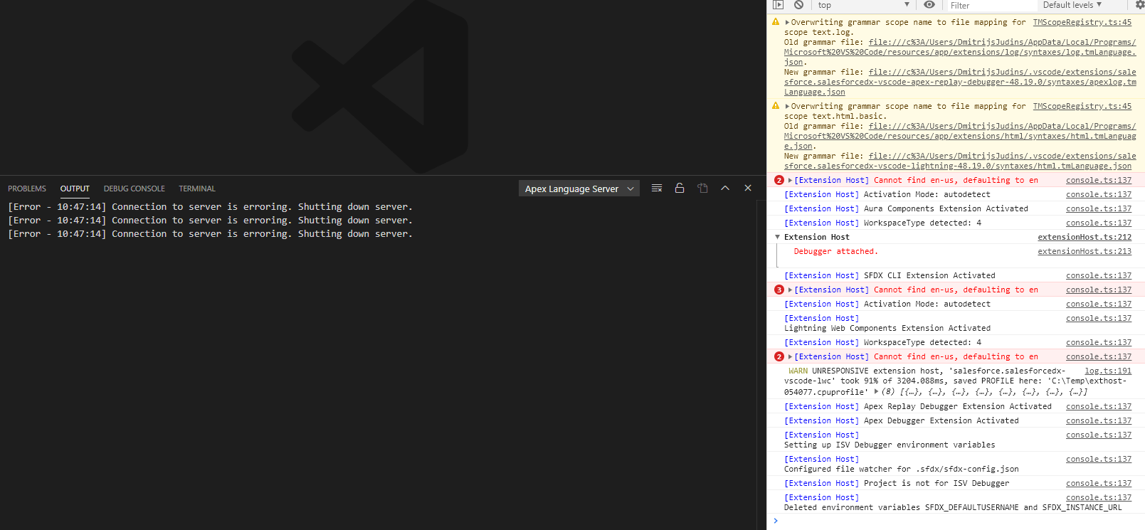 Apex Language Server throws "Connection to server is erroring. Shutting ...