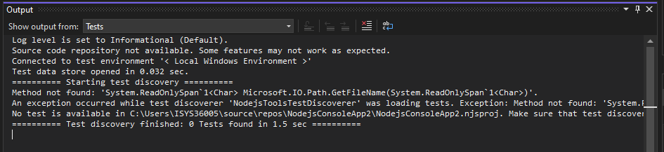 NodejsToolsTestDiscoverer throws Method not found: Microsoft.IO.Path ...