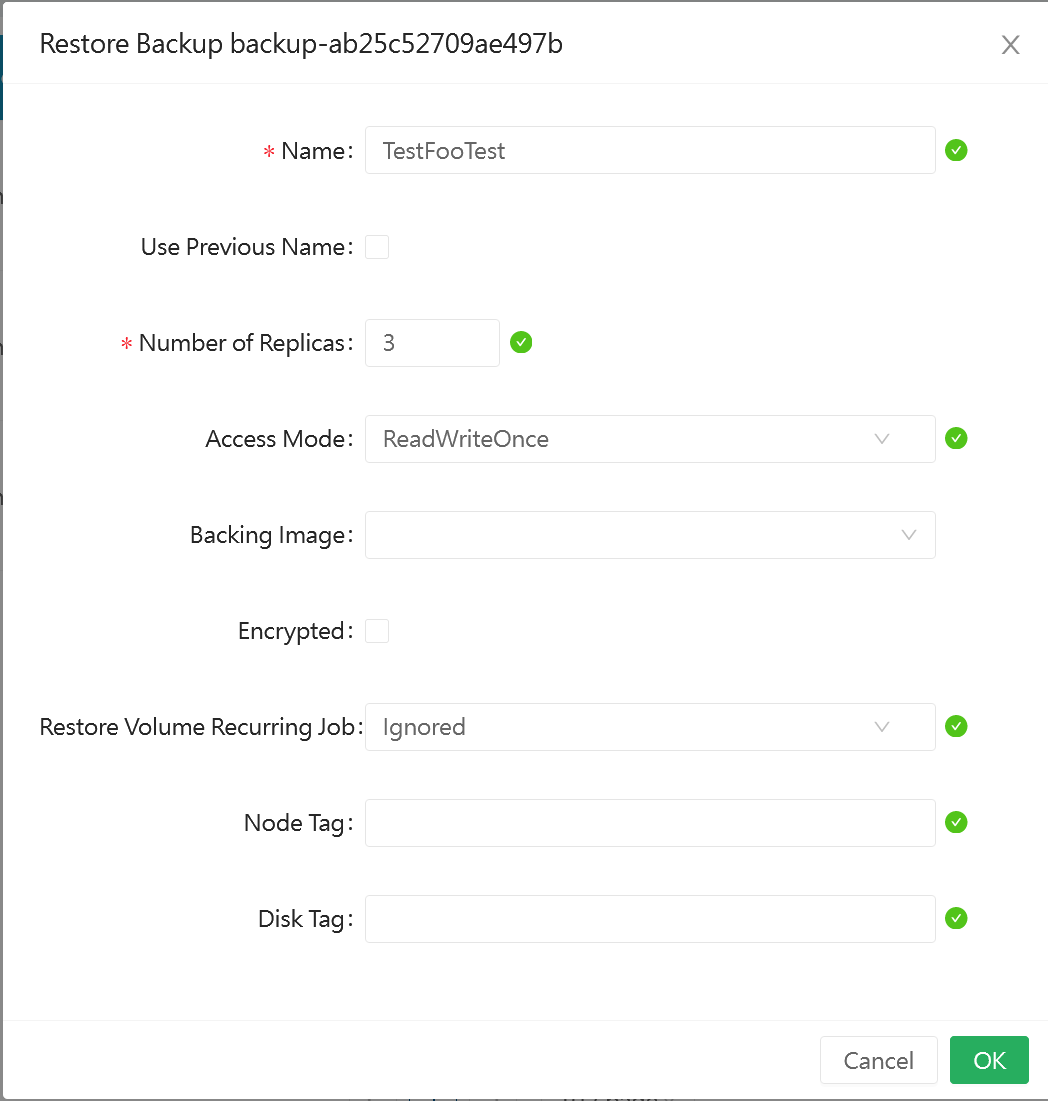 [BUG] Restoring backup fails when validating volume spec · Issue #5325 · longhorn/longhorn · GitHub