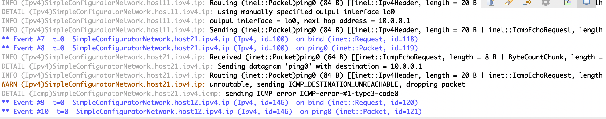 Understanding results of inet configurator example - unroutable, sending ICMP_DESTINATION ...