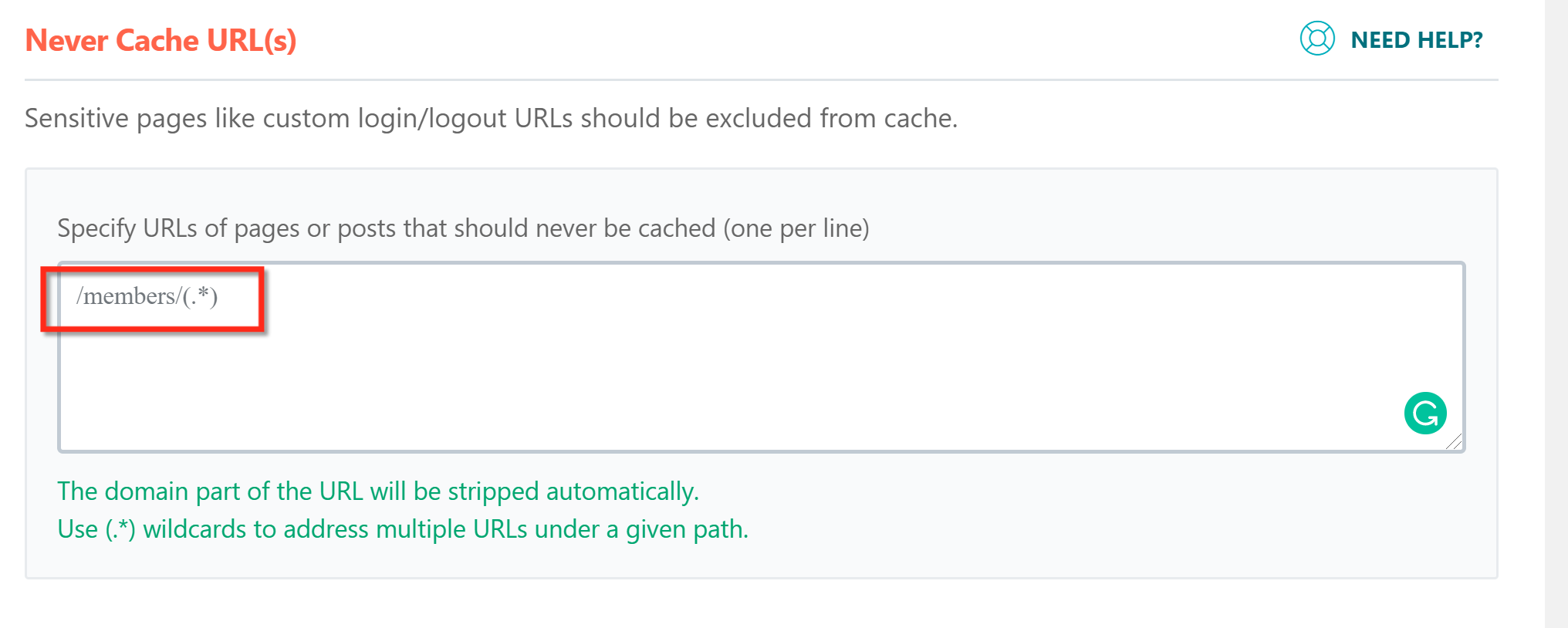 UI improvement for Never Cache URL(s) placeholder · Issue #2883 · wp-media/wp-rocket · GitHub
