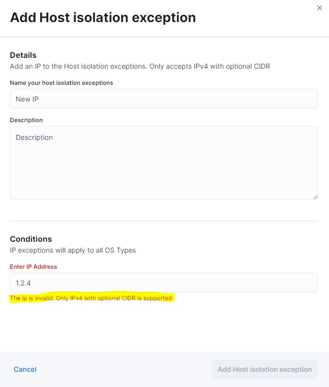 [Security Solution] User is allowed to add wrong type IP in the Host Isolation Exception list ...