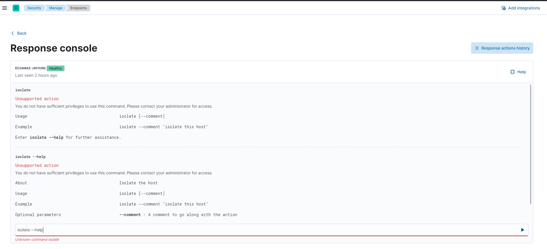 [Security Solution] The isolate --help command shows error when the user is not having privilege ...
