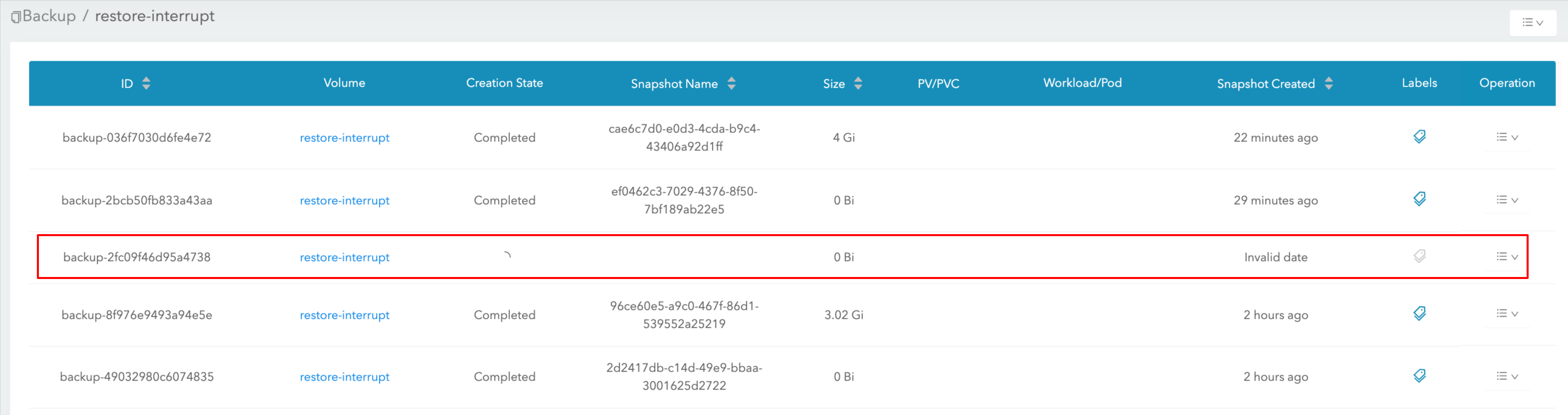 [BUG] Newly created backup stays in `InProgress` when the volume ...