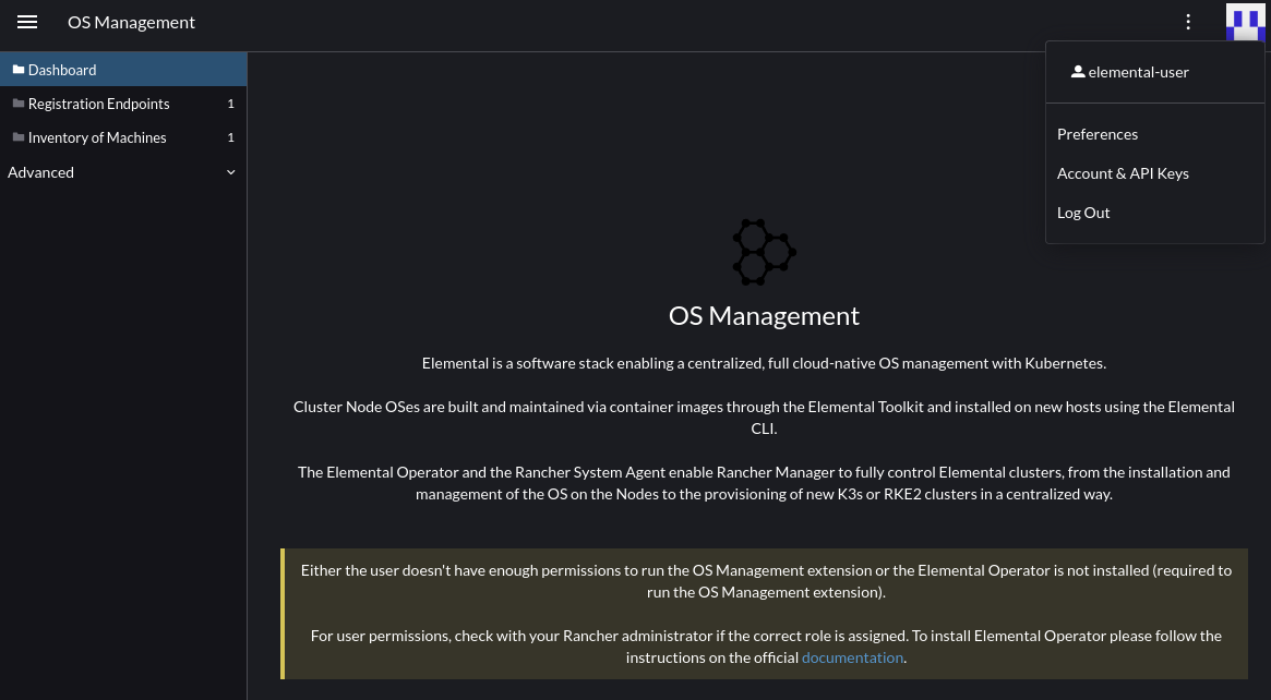 Dashboard link redirect to welcome page with a user granted with elemental-admin role · Issue ...