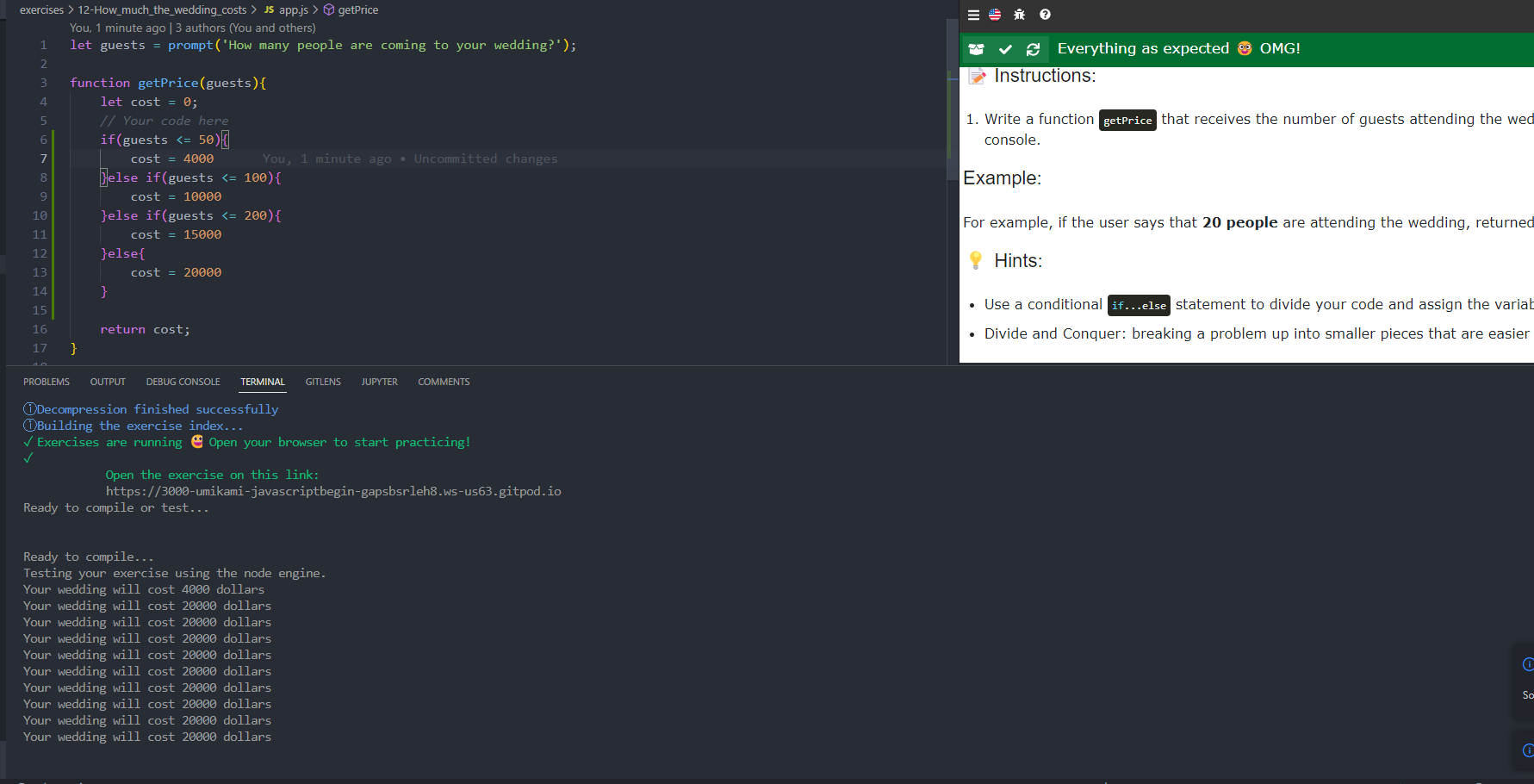 Excercise Bug: 12-How_much_the_wedding_costs · Issue #1125 · learnpack/learnpack · GitHub