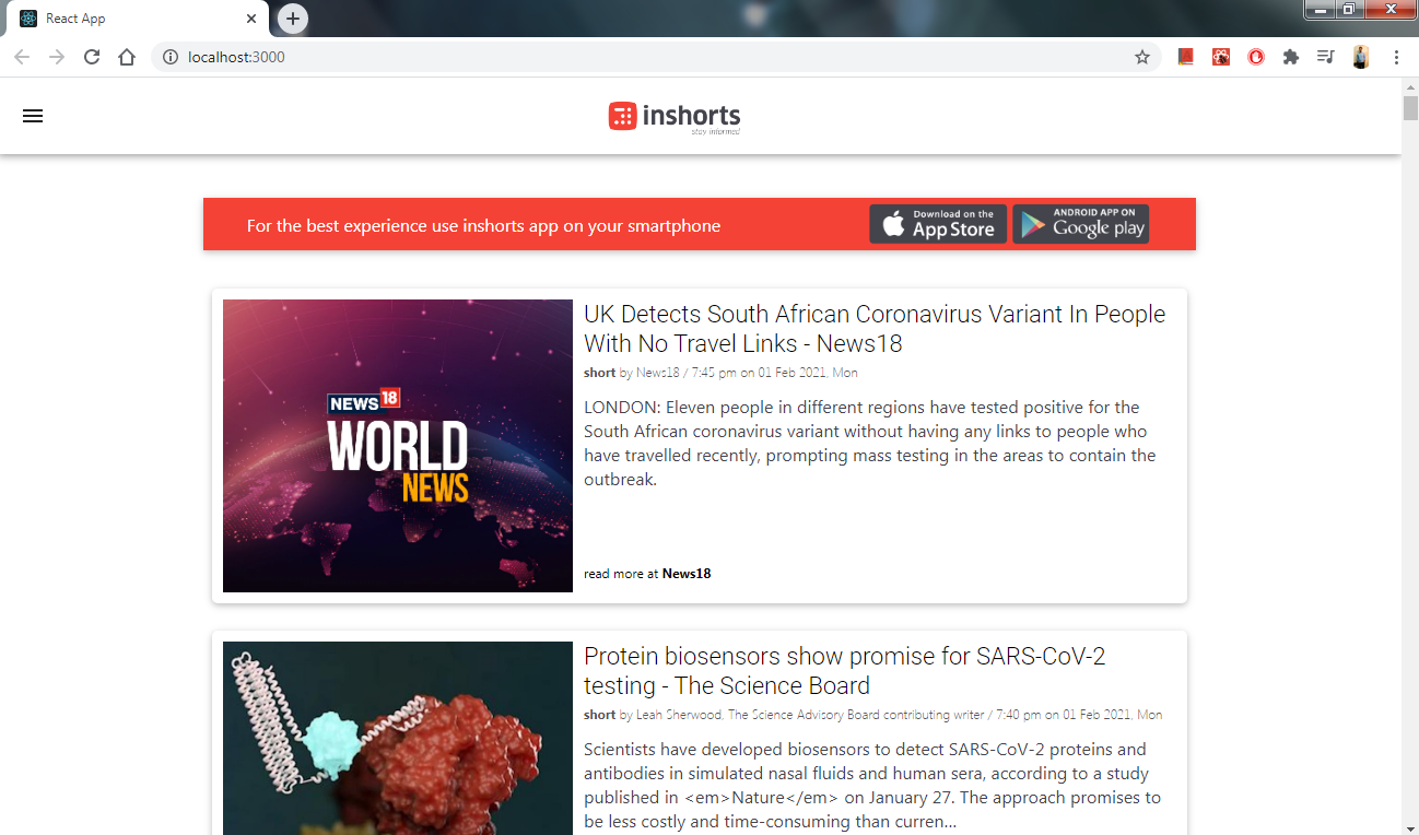 GitHub - prateekagrawl/inshorts-clone: A clone of the famous news app inshorts with reactjs and ...