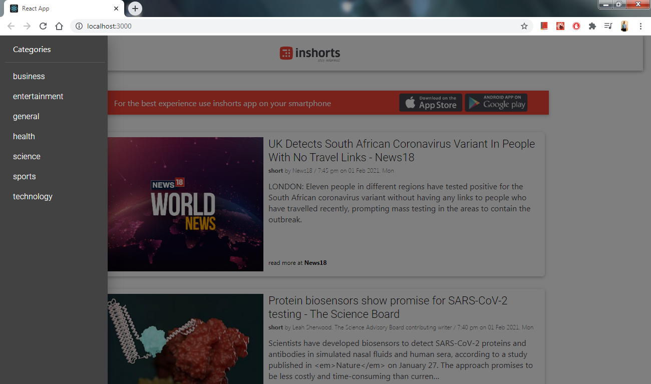 GitHub - prateekagrawl/inshorts-clone: A clone of the famous news app inshorts with reactjs and ...