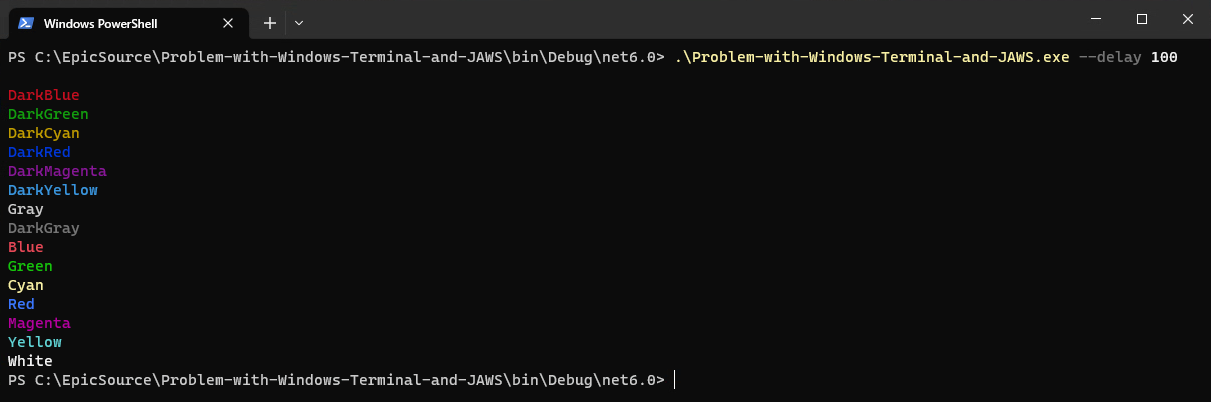 JAWS stops reading output if there is a pause · Issue #15382 · microsoft/terminal · GitHub