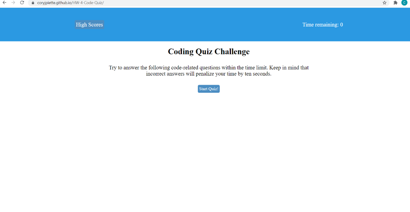 GitHub - coryjpiette/Code-Quiz: Homework #4 - Code Quiz