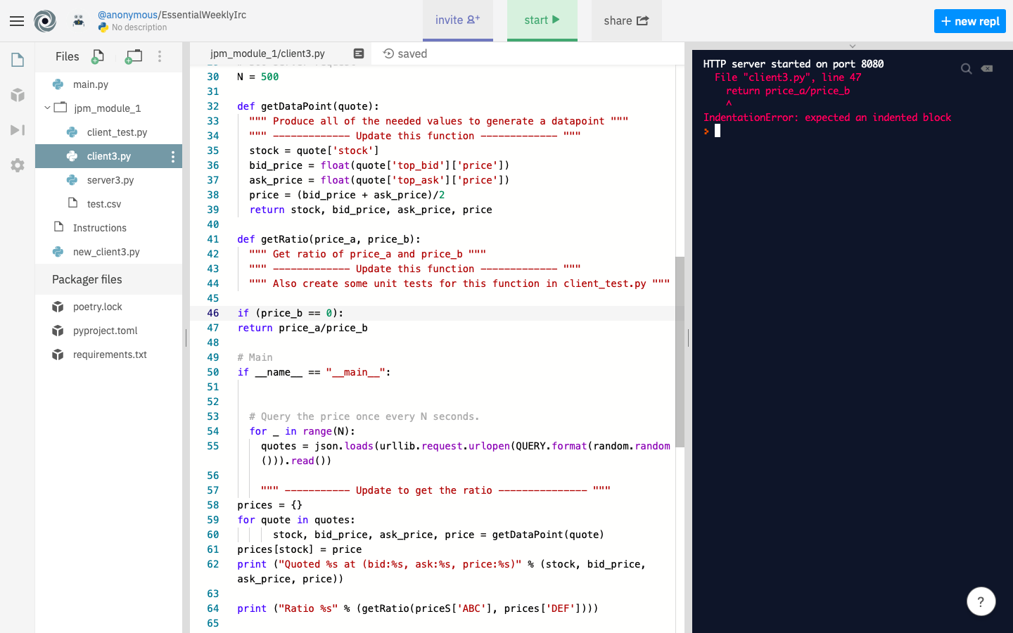 Indentation and syntax errors · Issue #153 · insidesherpa/JPMC-tech-task-1 · GitHub