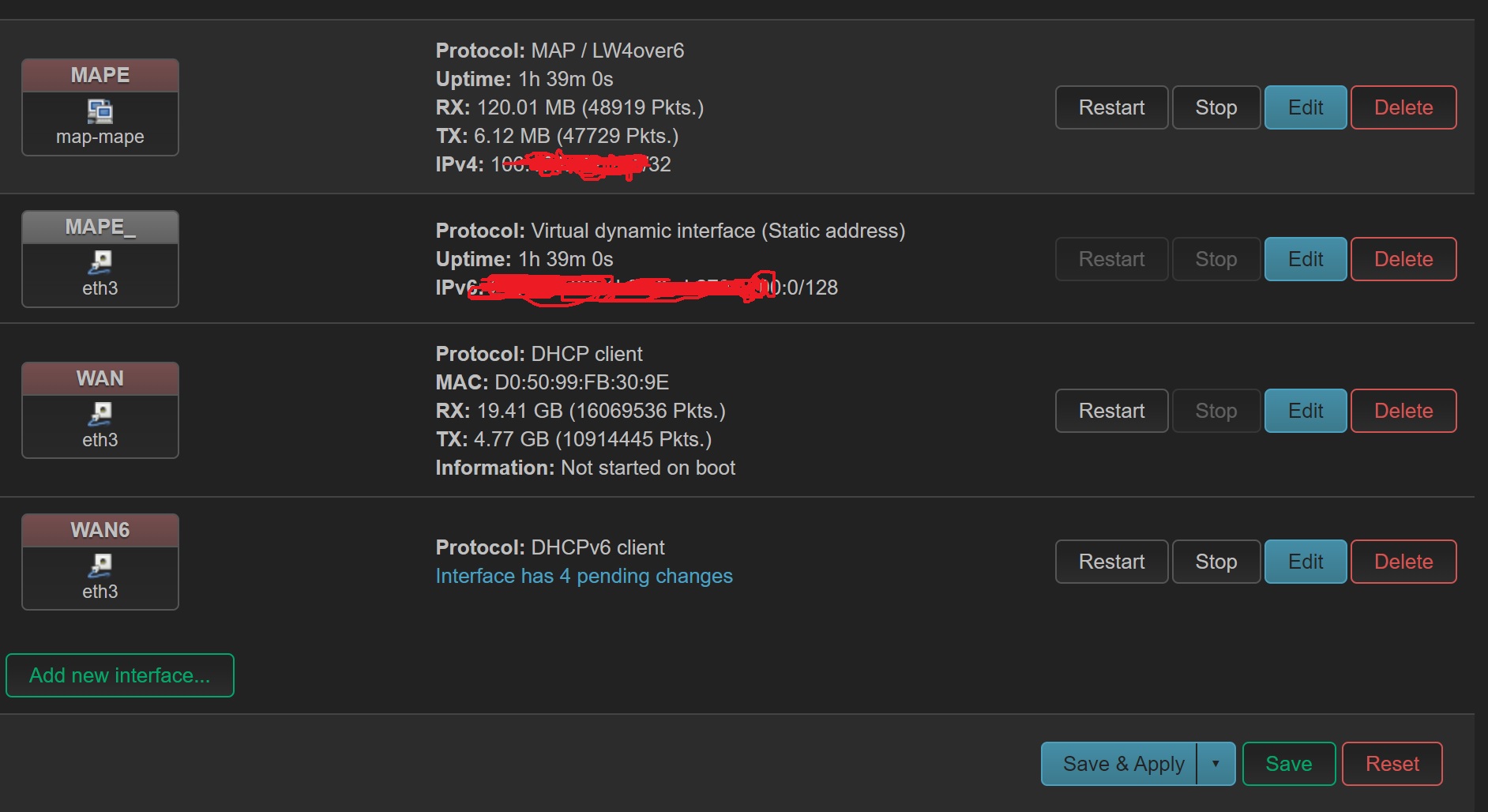 map: map-e interface doesn't go up after applying new config in luci or manually restart other ...