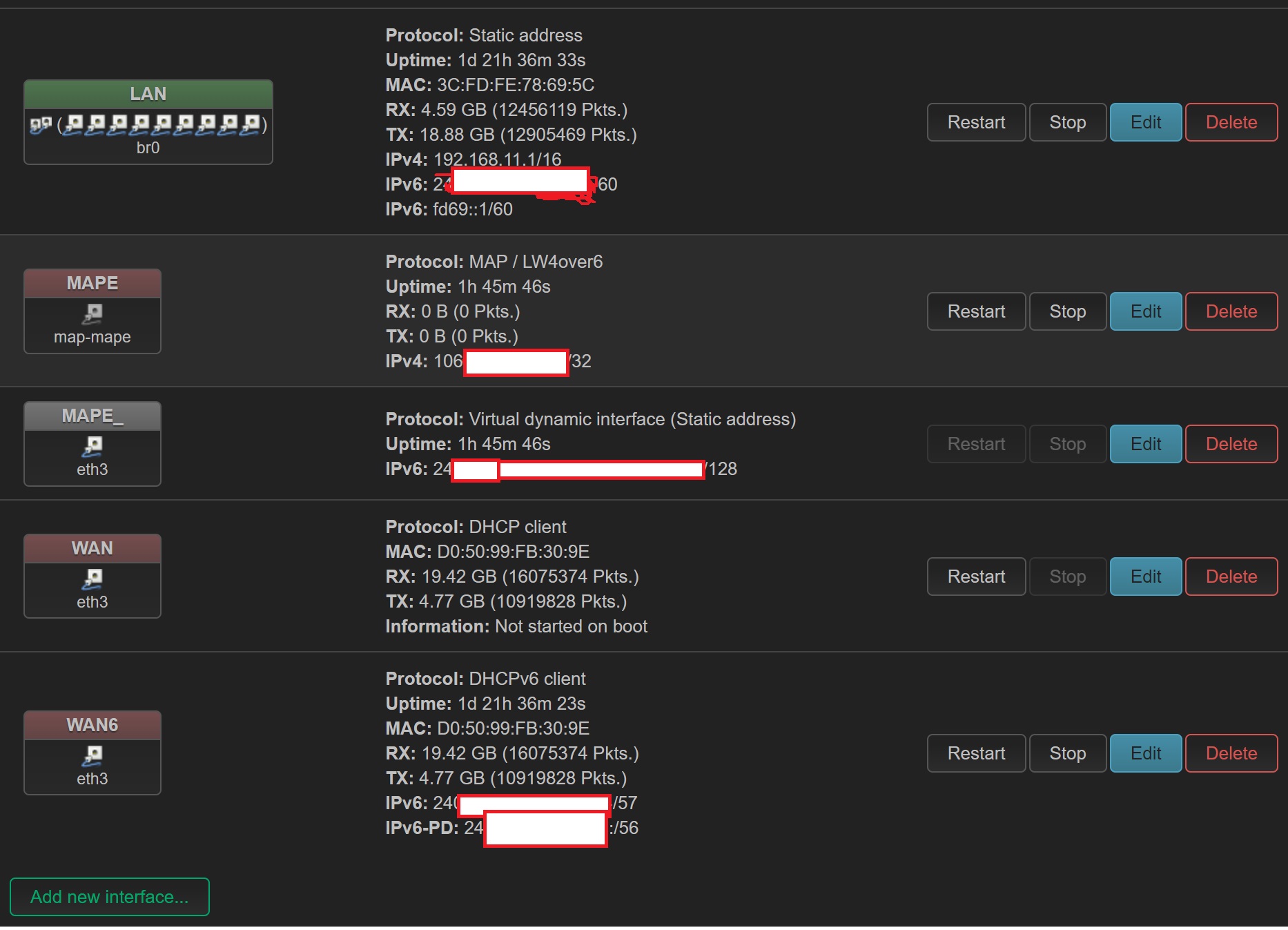map: map-e interface doesn't go up after applying new config in luci or manually restart other ...