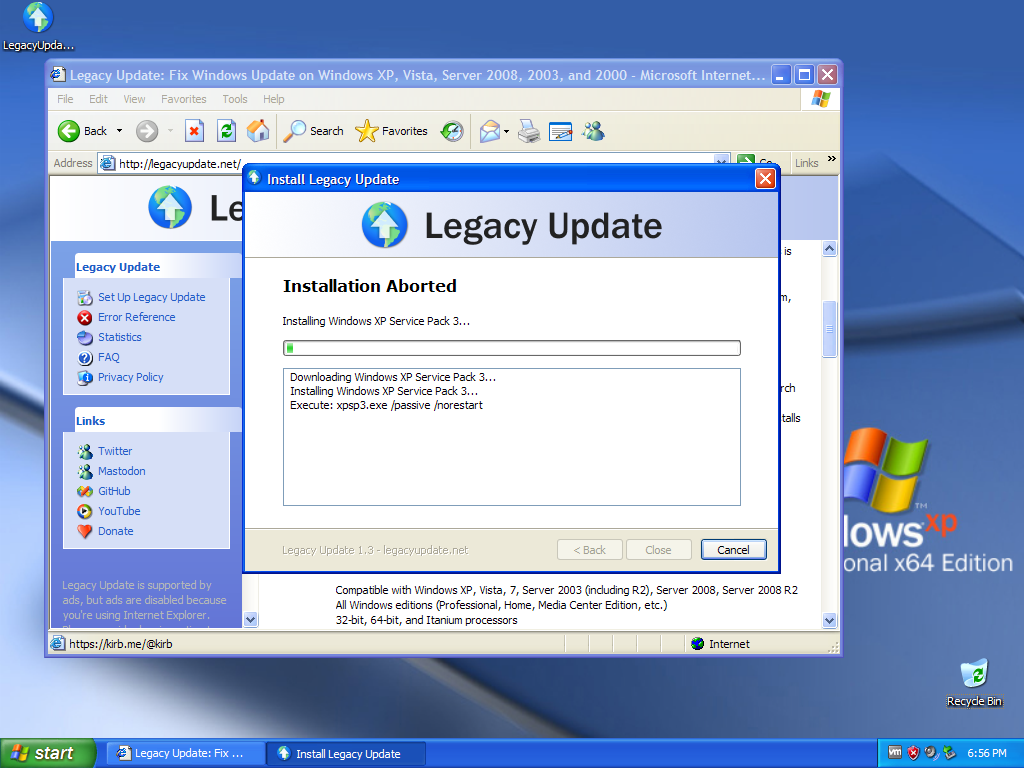 Installer fails if installing the SP3 update is enabled on XP x64 ...