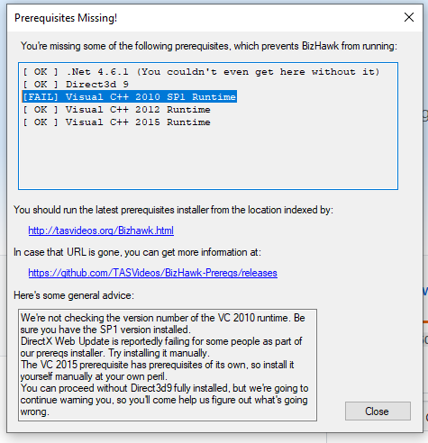 [FAIL] Visual C++ 2010 SP1 Runtime · Issue #1818 · TASEmulators/BizHawk · GitHub