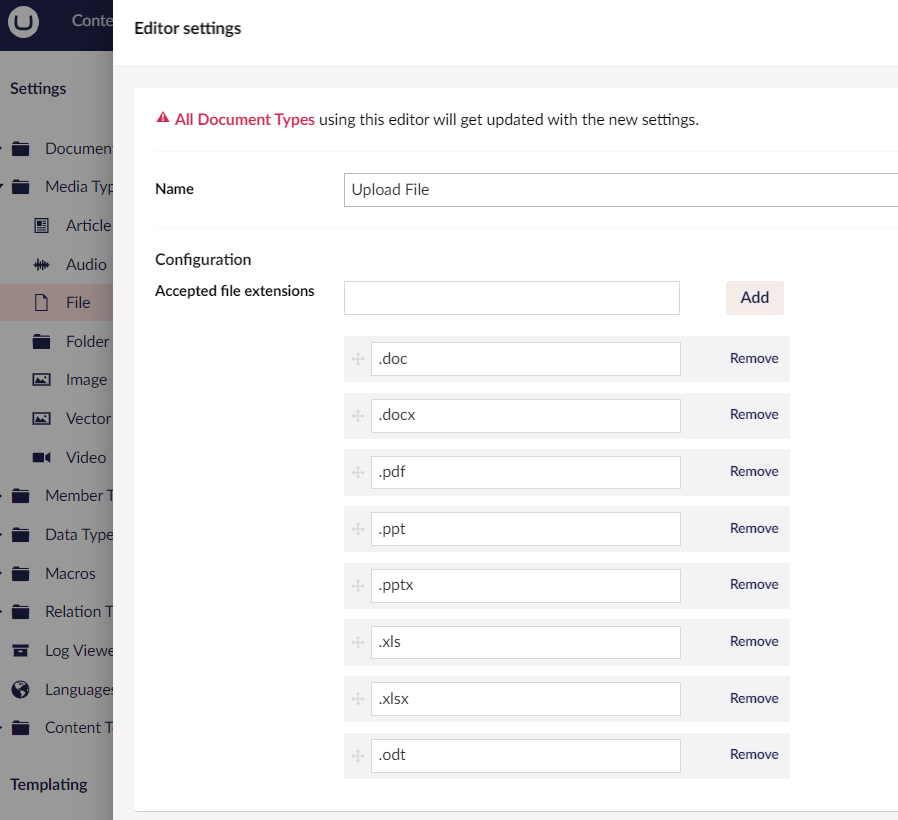 Umbraco Uploadfield When Configurations Are Added Ass Accepted File Extenstions It Breaks The
