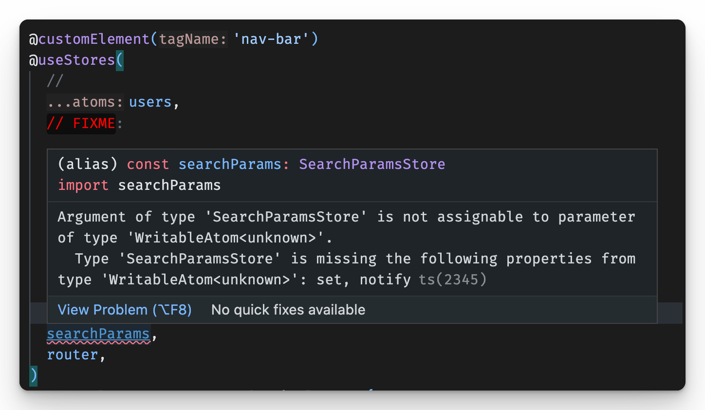 Usage with `@nanostores/router`, type mismatch for `@useStores` · Issue #1 · emilbonnek ...