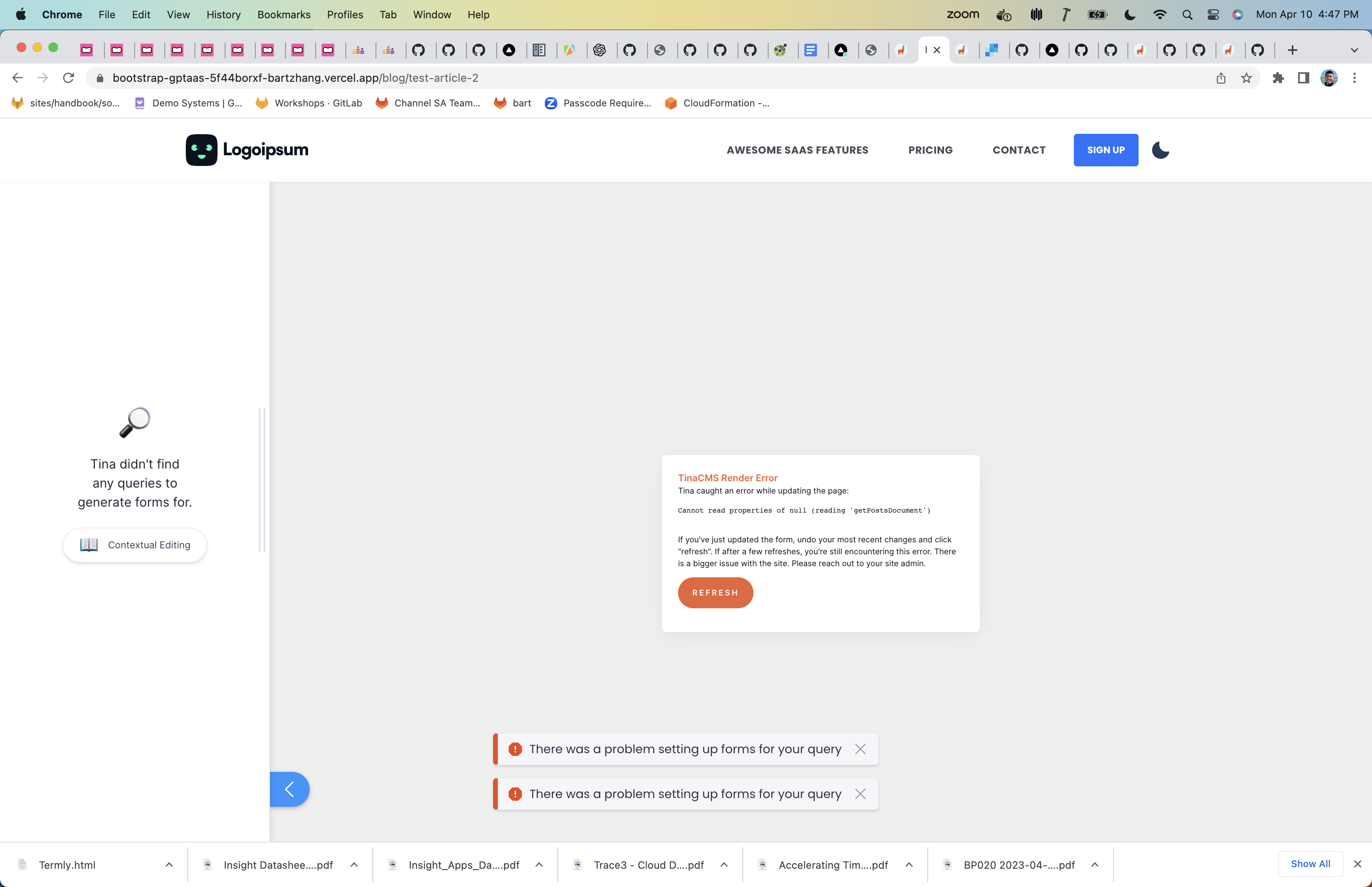 TinaCMS throws the following error upon attempting to run a Contextual Edit via TinaCloud ...