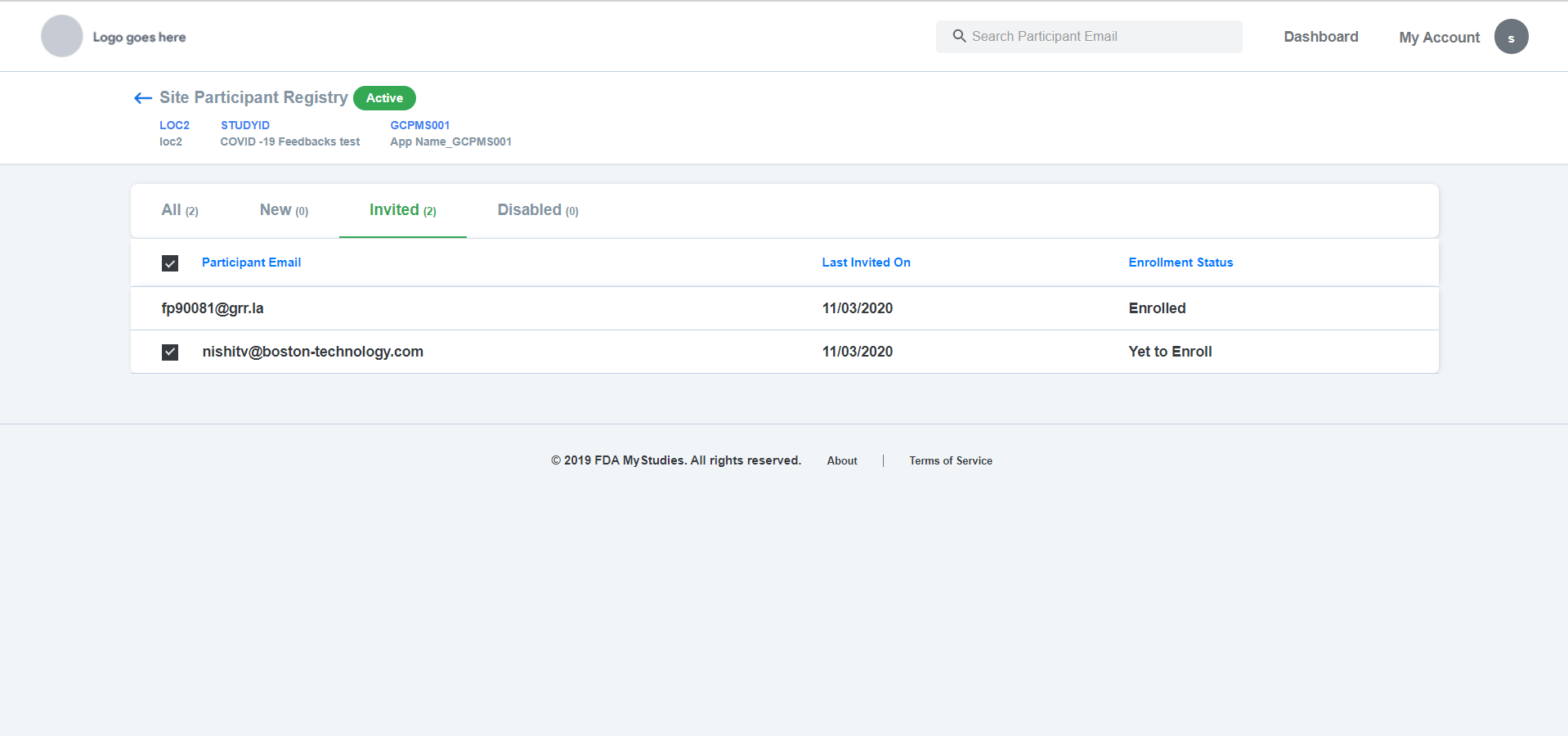 [PM] Site Participant Registry > Select checkboxes for participant emails should be disabled for ...