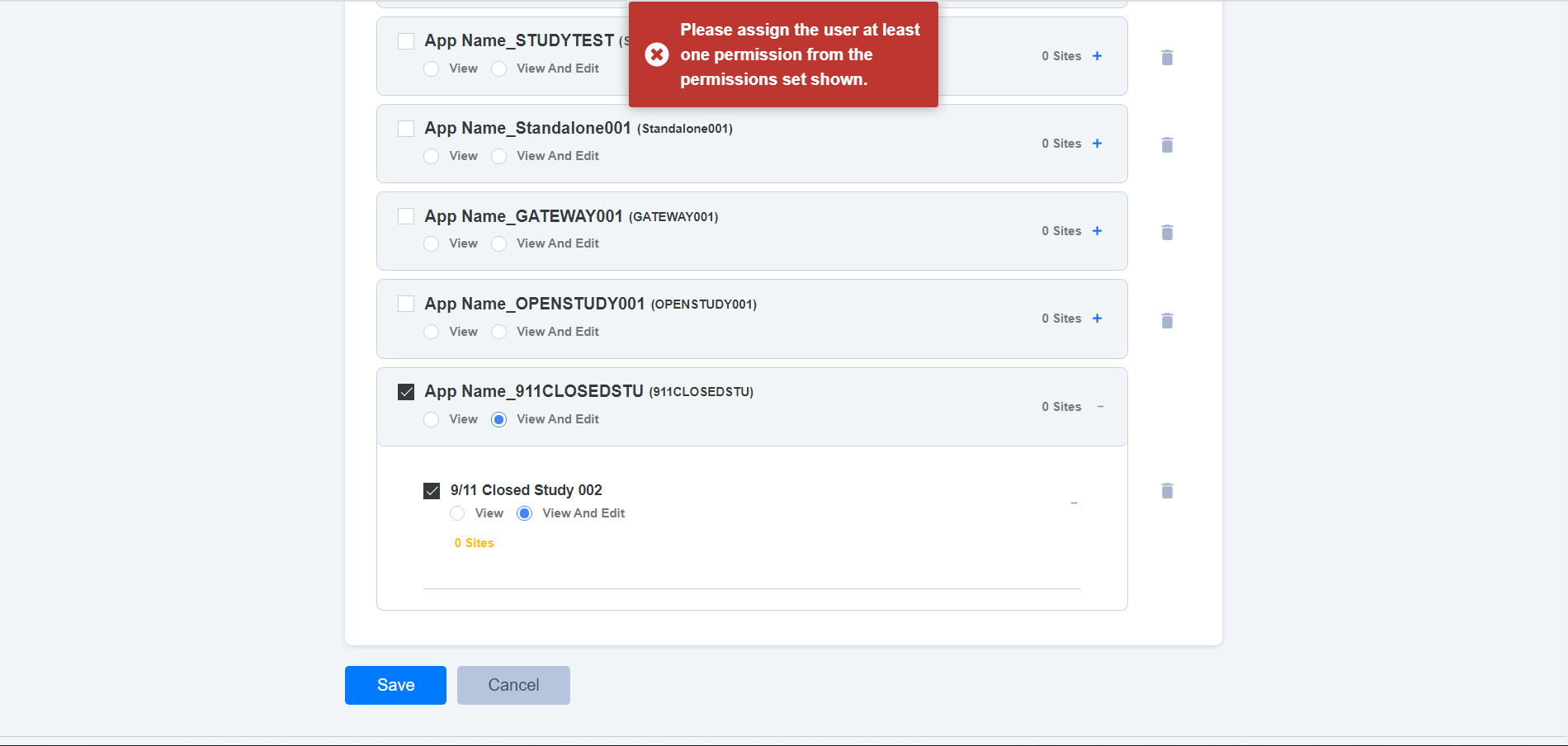 [PM] Roles > Unable to assign app level/study level permission to a user if a closed study doesn ...