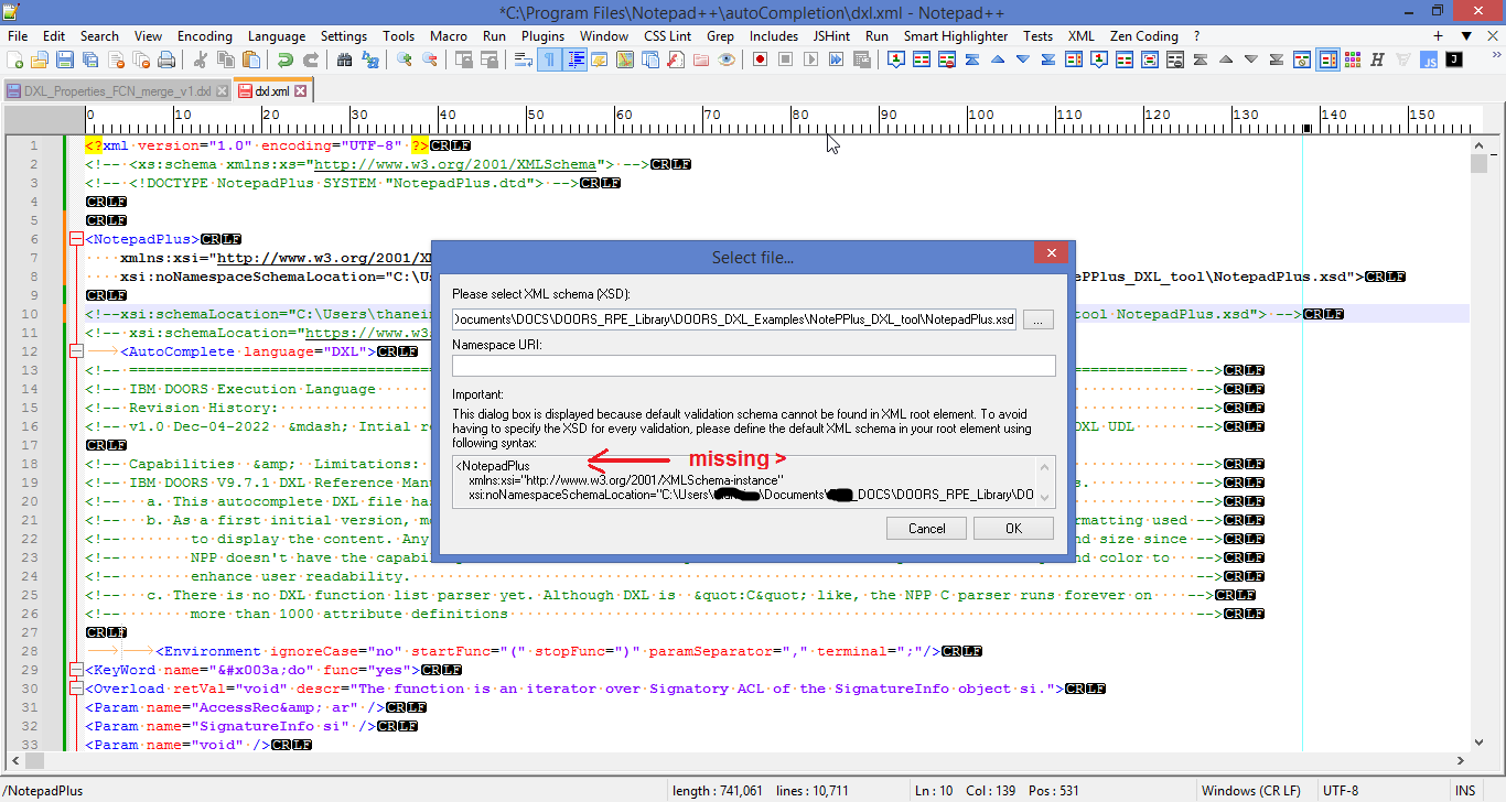 The Xml Strings For Xsd Suggested To Copy Into Autocompletexml File Is Missing Closing