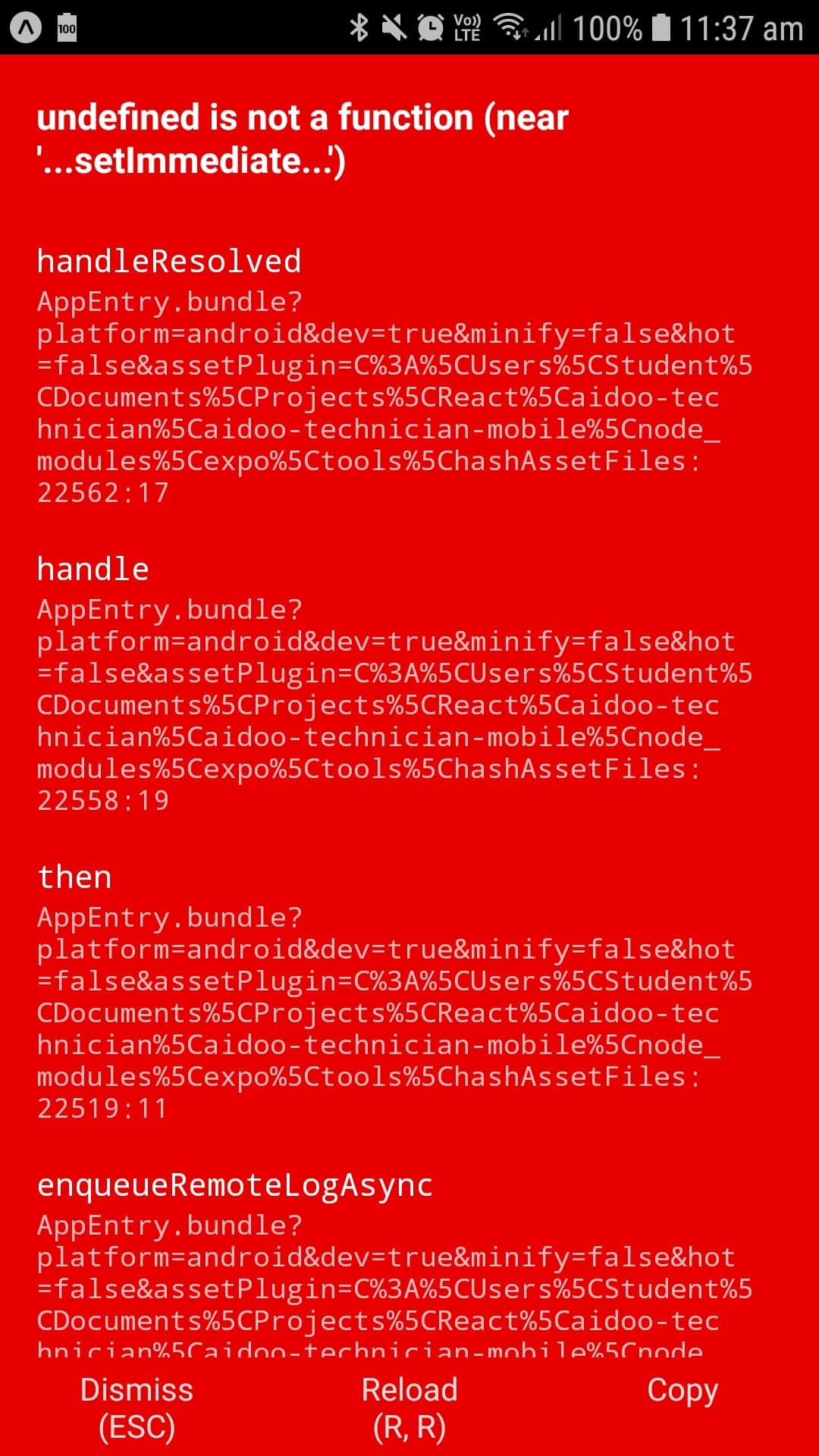 "undefined is not a function (near setImmediate)" error thrown after ...