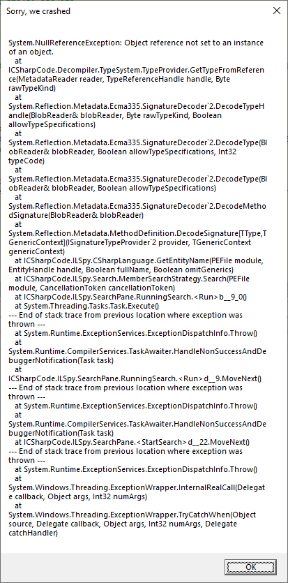 Null reference exception on search of any type or member · Issue #2296 · icsharpcode/ILSpy · GitHub