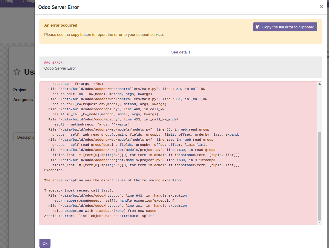 [15] project: traceback on clicking on blocking smart button on task · Issue #91603 · odoo/odoo ...