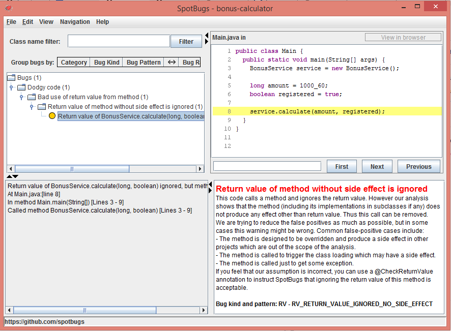 Команда Maven "mvn clean compile spotbugs:check" выполняется с ошибкой "Error: java: RV_RETURN ...