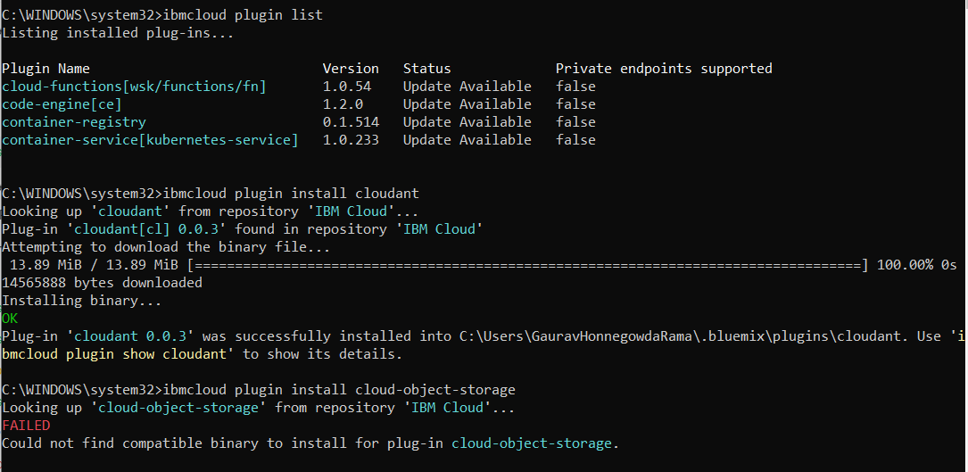 IBM Cloud CLI Cloud Object Storage (COS) plugin is not installing on windows 64 bit machine ...