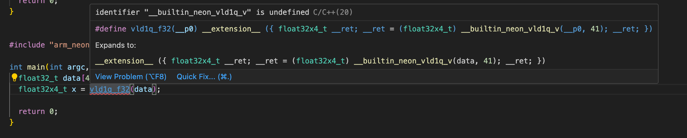 Intellisense does not recognize arm_neon intrinsics on macOS · Issue #11514 · microsoft/vscode ...
