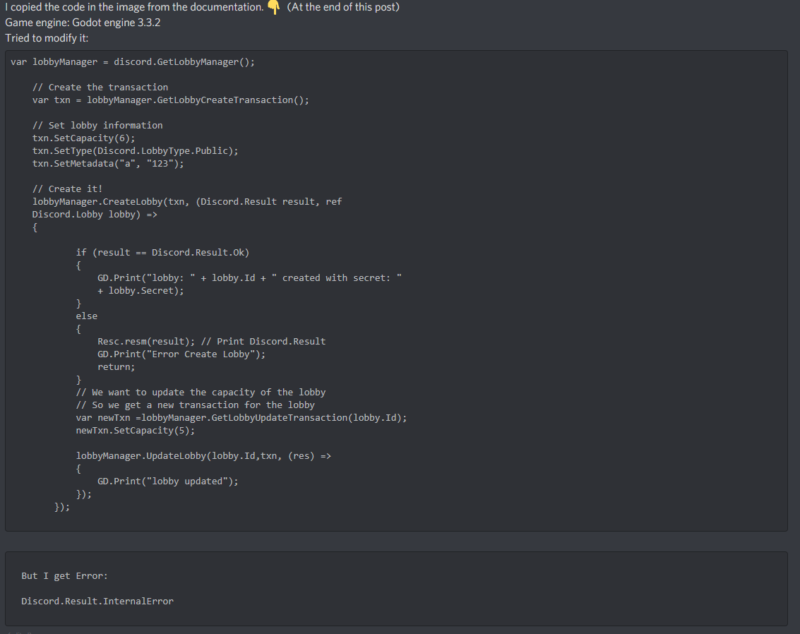 Game SDK Lobby Creation Error · Issue #134 · discord/gamesdk-and-dispatch · GitHub