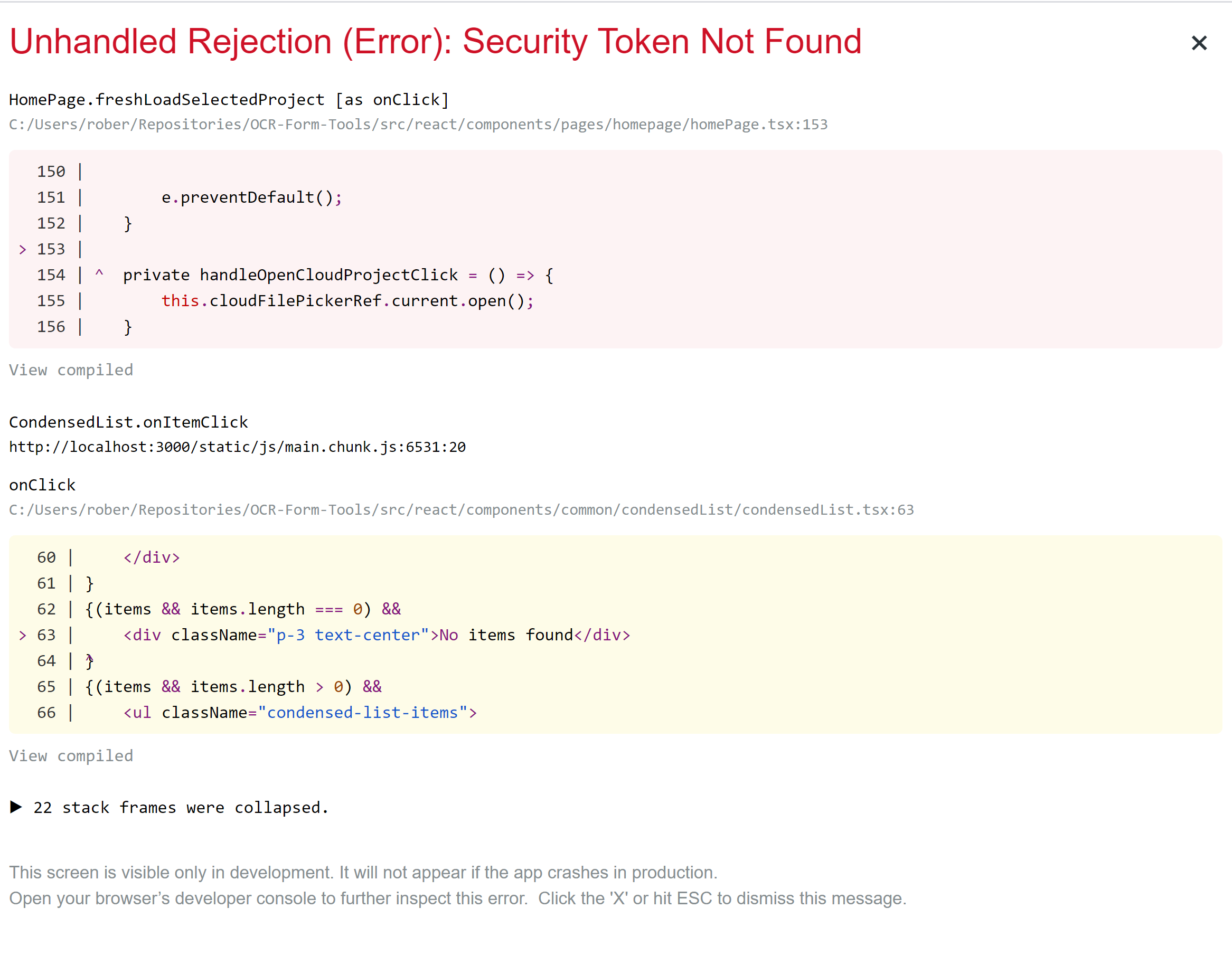unhandled rejection when I don't have the project security token for ...