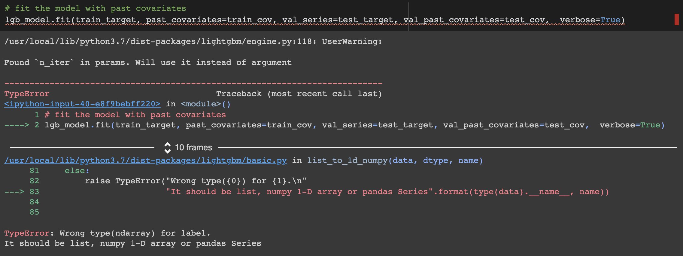 [BUG] Validation error in lightgbm model · Issue #703 · unit8co/darts · GitHub