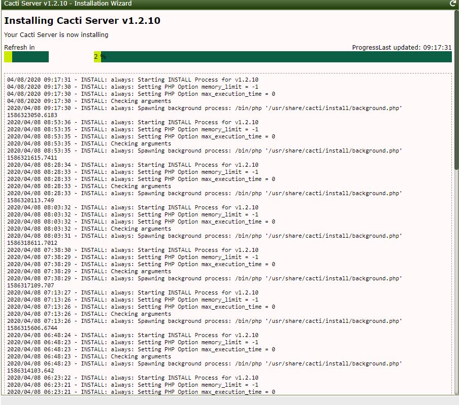 Cacti 1.2.10 stuck on 2% · Issue #3433 · Cacti/cacti · GitHub