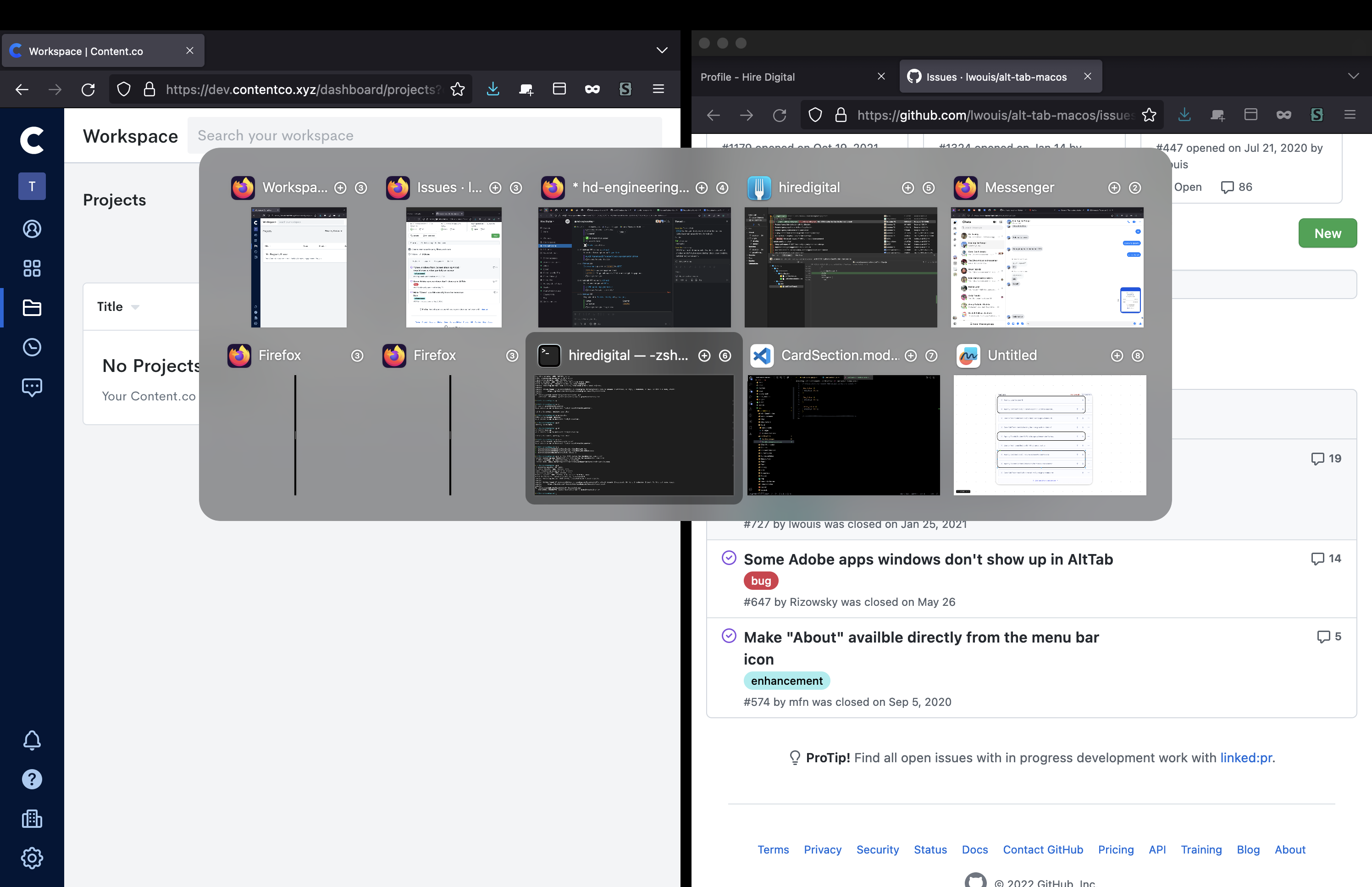 Split screen mode shows two extra entries in the list for the split bar ...