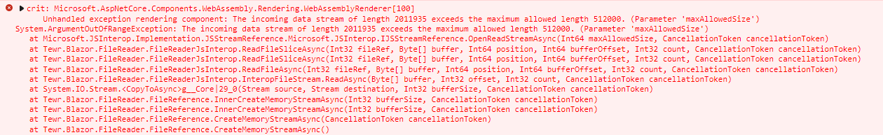 Unable to read a file stream of size greater than 512KB when using ...