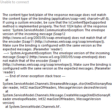 The content type text/plain of the response message does not match the content type of the ...