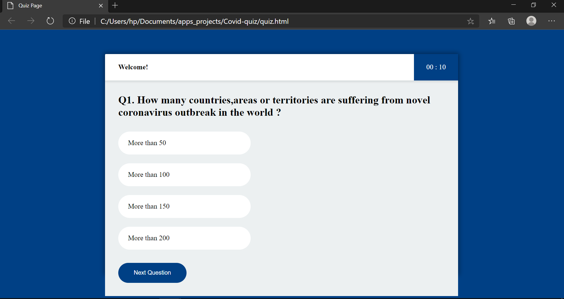 GitHub - apps-037/Covid_Quiz: Covid-19 related simple quiz game.