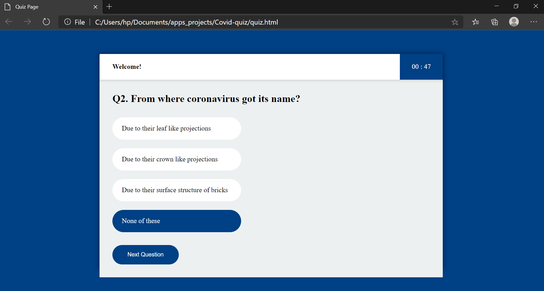 GitHub - apps-037/Covid_Quiz: Covid-19 related simple quiz game.