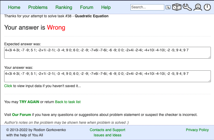Quadratic Equation fails when given a correct solution · Issue #82 · CodeAbbey/meta · GitHub