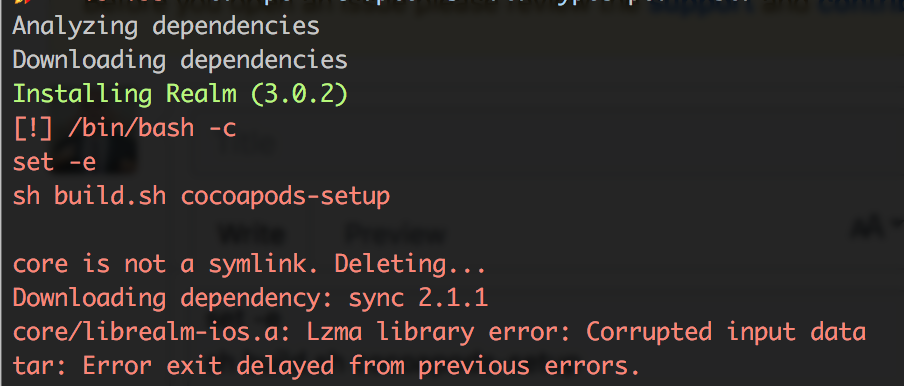 Failed Cocoapods Installation Core Librealm Ios A Lzma Corrupted Input Data · Issue 5569
